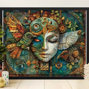 Abstract Masked Face Art, Colorful Surreal Wall Art, Nature Inspired ...