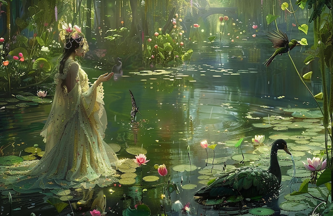 Enchanted Forest Queen Digital Art, Fantasy Landscape With Water Lilies ...