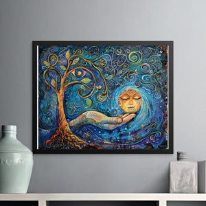 Mystical Tree and Moon Digital Art Print, Hand Holding Moon Artwork ...