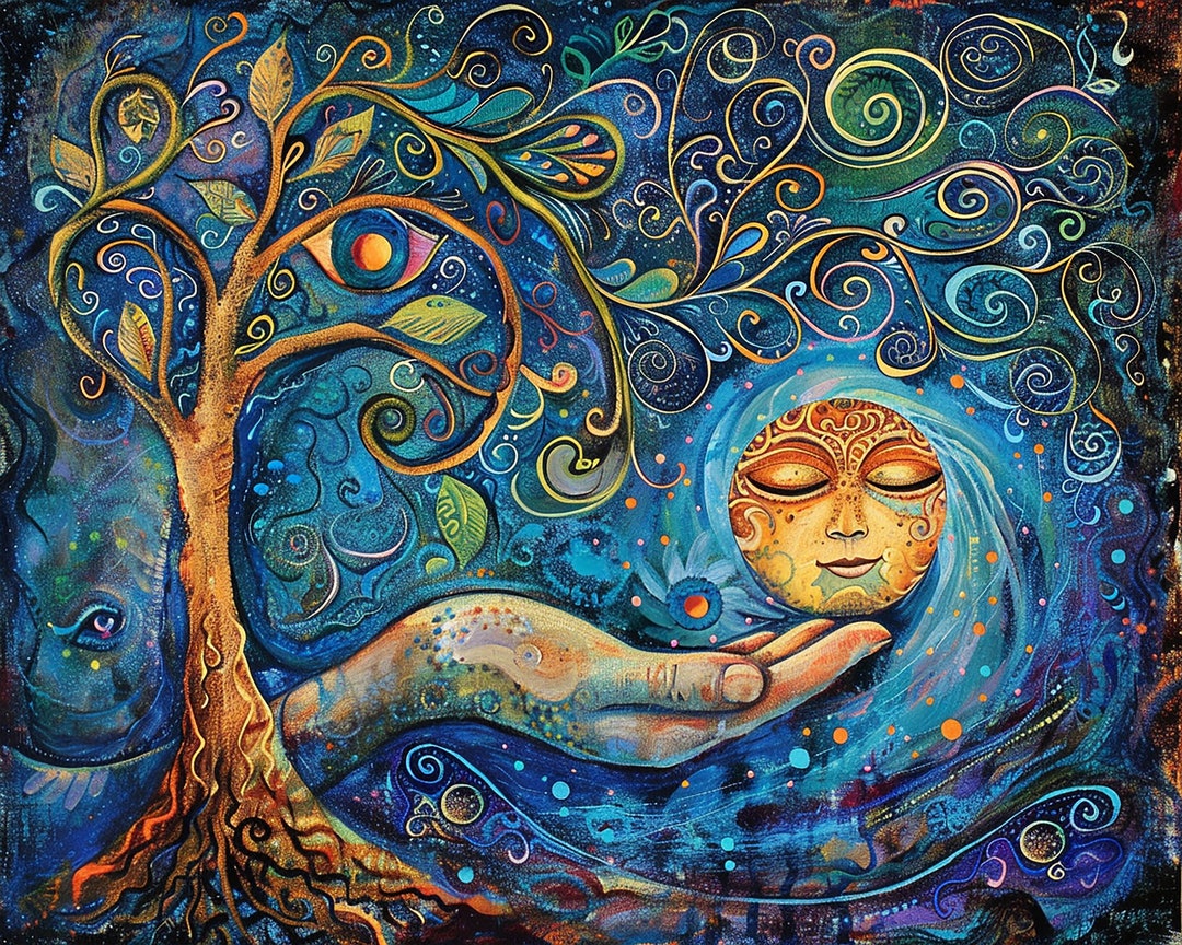 Mystical Tree and Moon Digital Art Print, Hand Holding Moon Artwork ...