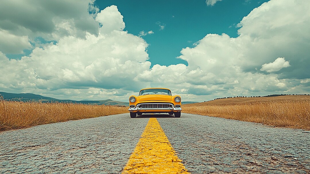 Retro Vintage Car Art Print, Classic Car Photography Wall Art, Yellow ...