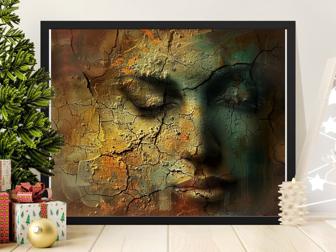 Abstract Face Wall Art, Cracked Texture Portrait, Unique Artistic Print ...