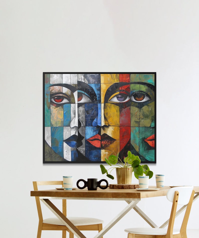 Abstract Cubism Digital Art, Colorful Faces Modern Wall Art ...