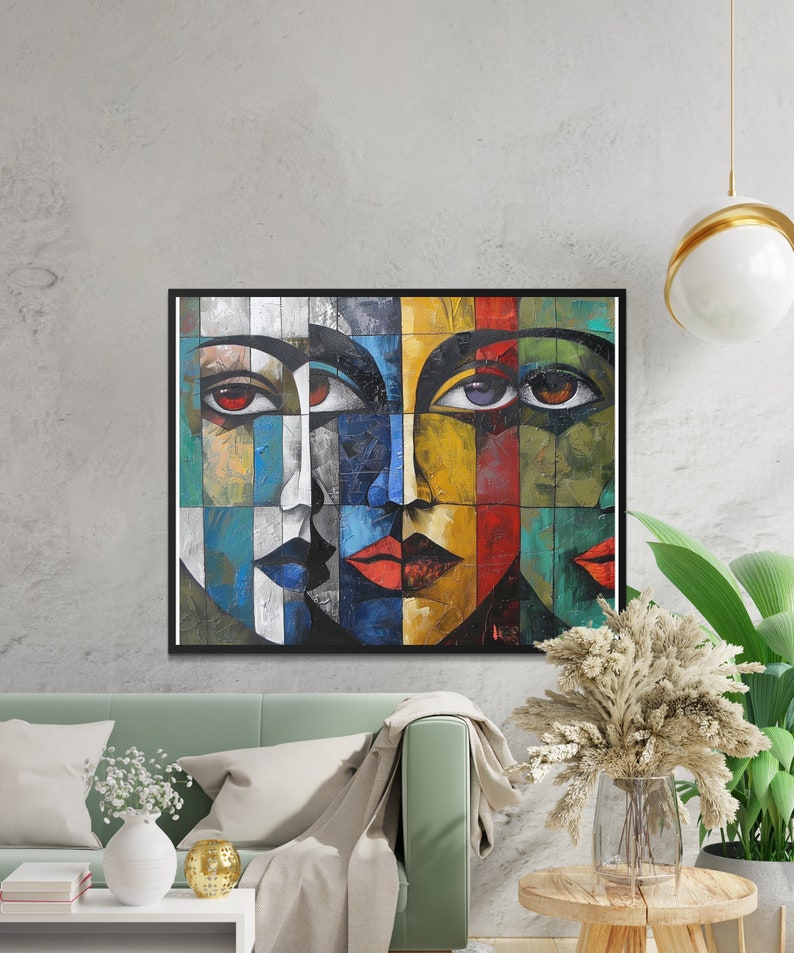 Abstract Cubism Digital Art, Colorful Faces Modern Wall Art ...