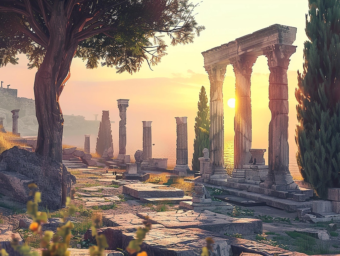 Ancient Ruins Digital Art Print, Sunset Across Ancient Columns, Wall ...