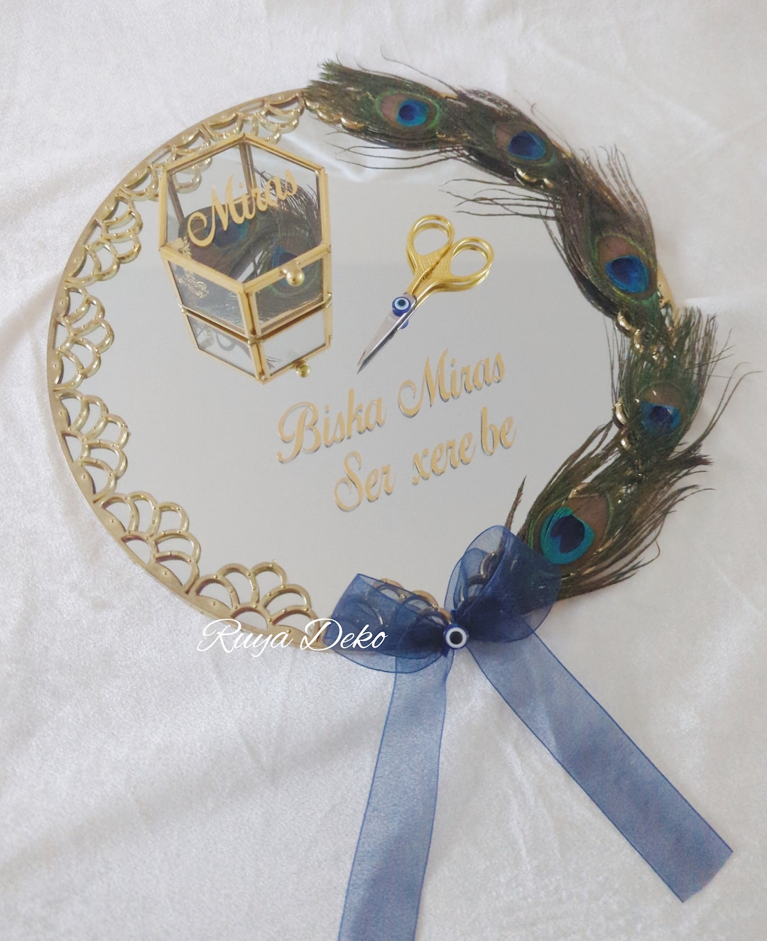 Personalized Bisk Mirror Tray With Glass Box Scissors and Peacock ...