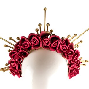 Floral Crown With Red Roses and Golden Elements, Original Headpiece for ...