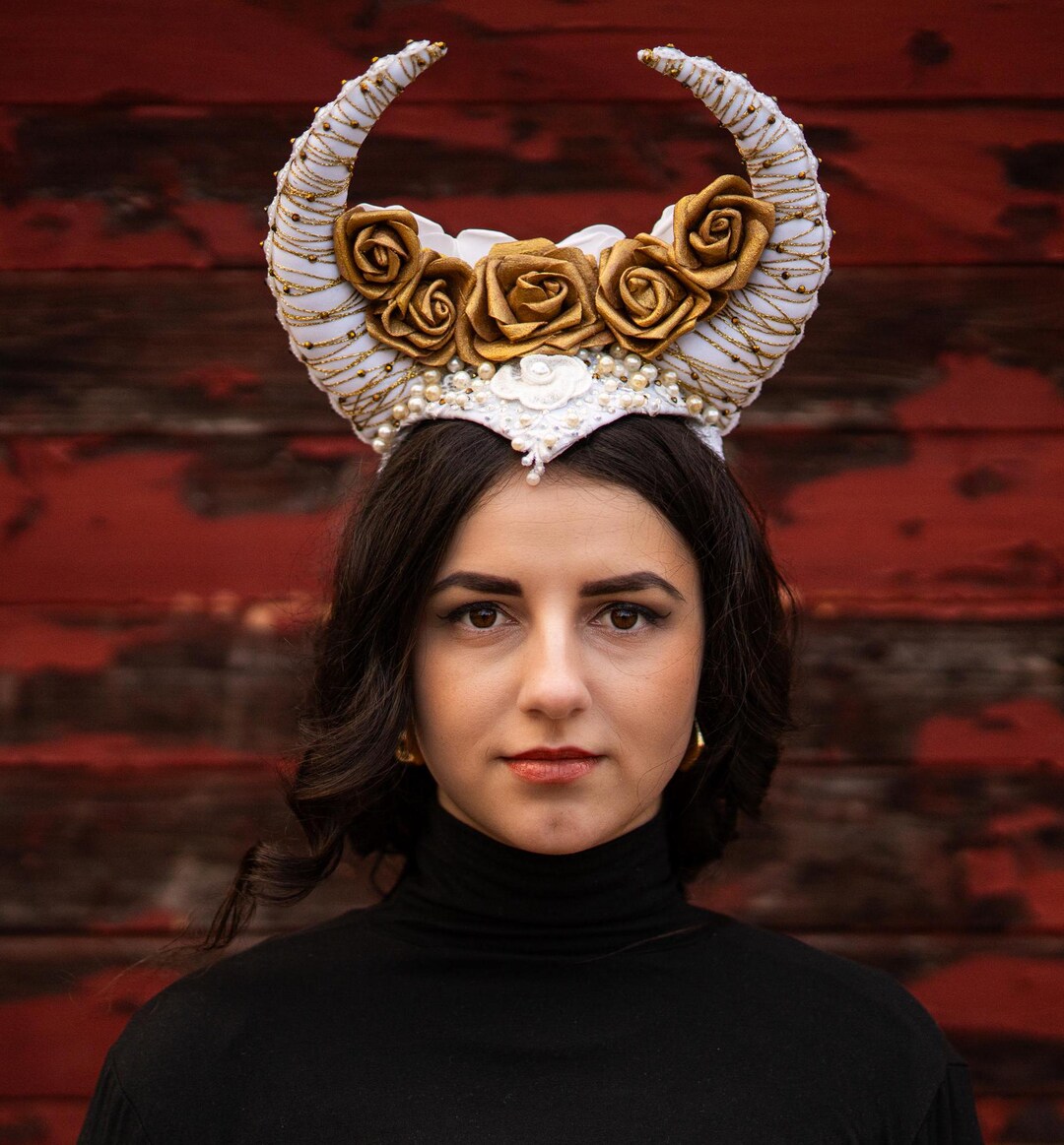 White and Gold Rose Crown - Floral Tiara, Floral Crown, Fantasy Cosplay ...