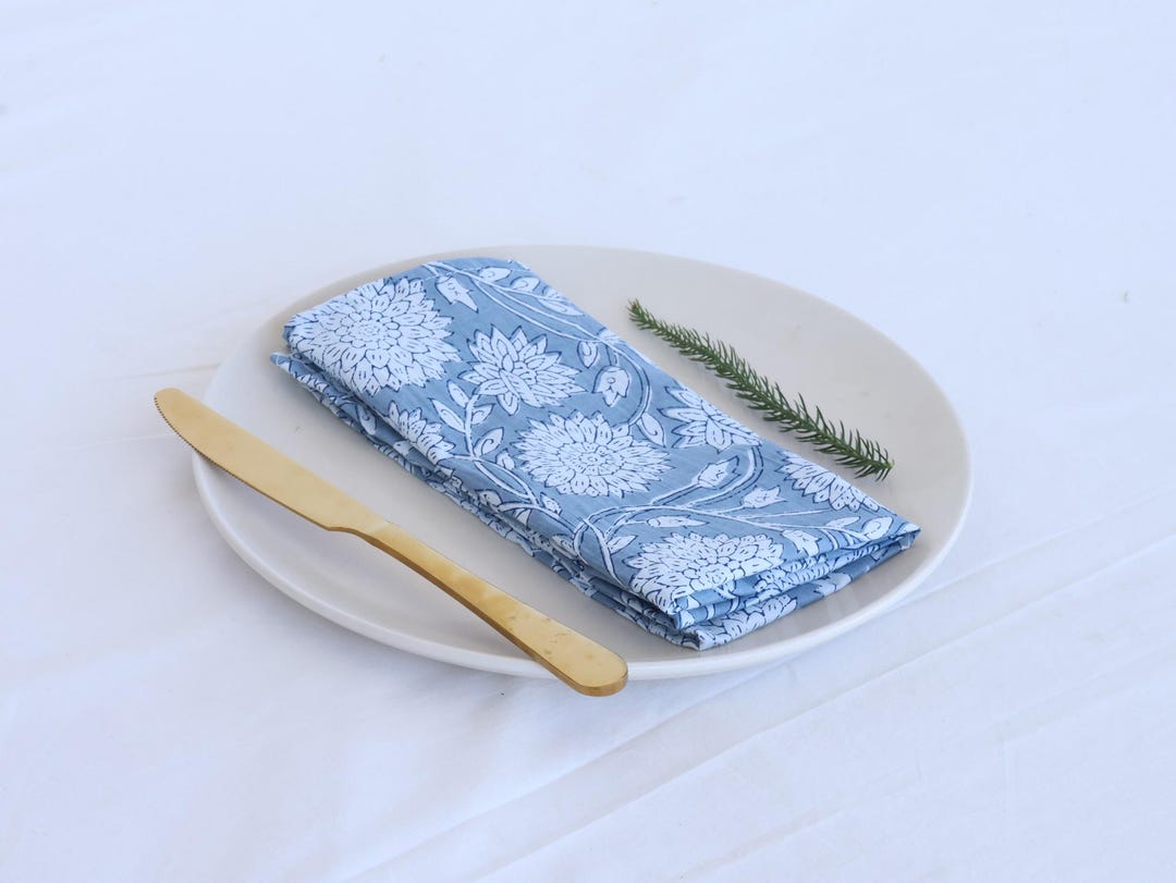 100 Pcs Dusty Blue Printed Napkin 100% Cotton Napkins Hand Block ...