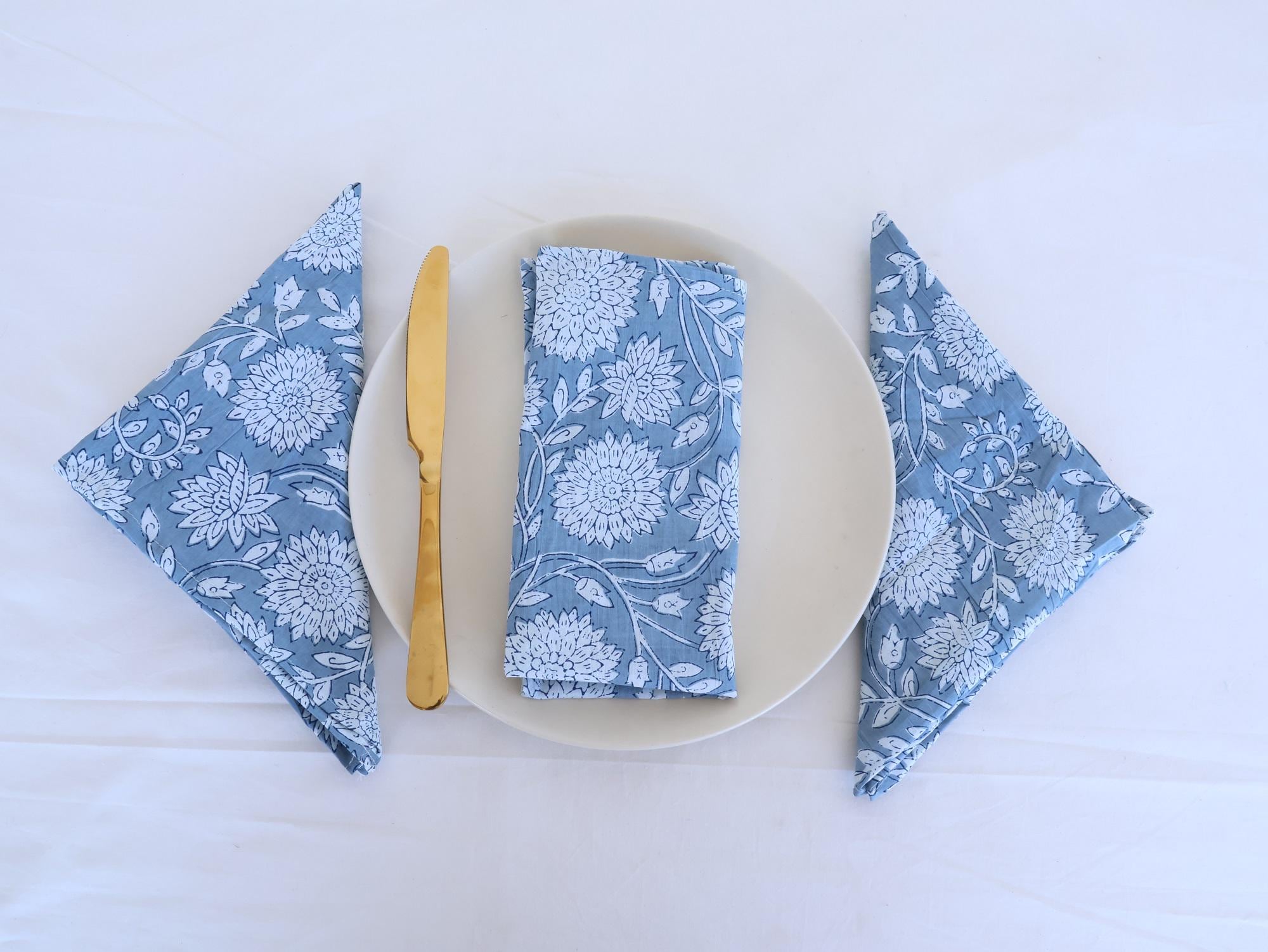 100 Pcs Dusty Blue Printed Napkin 100% Cotton Napkins Hand Block ...