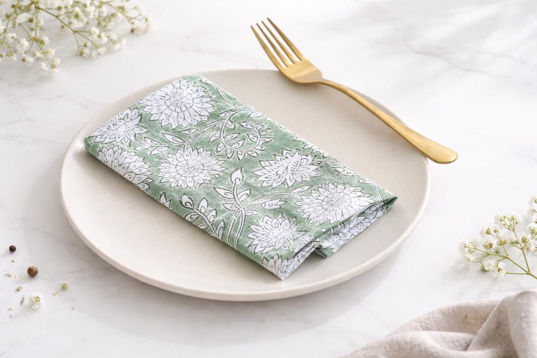 100pcs Sage Green Printed Napkin 100% Cotton Napkins Hand Block Wedding ...