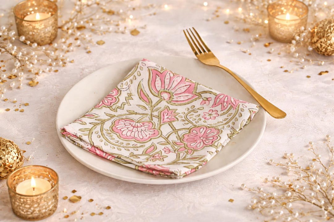 100 Pcs Pink Green Printed Napkin 100% Cotton Napkins Hand Block ...