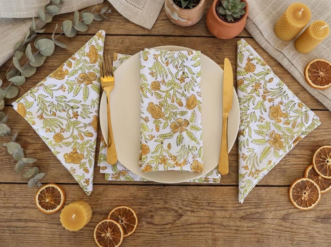 100 Pcs Green Yelllow Hand Block Printed Napkin Cotton Napkins Eco ...