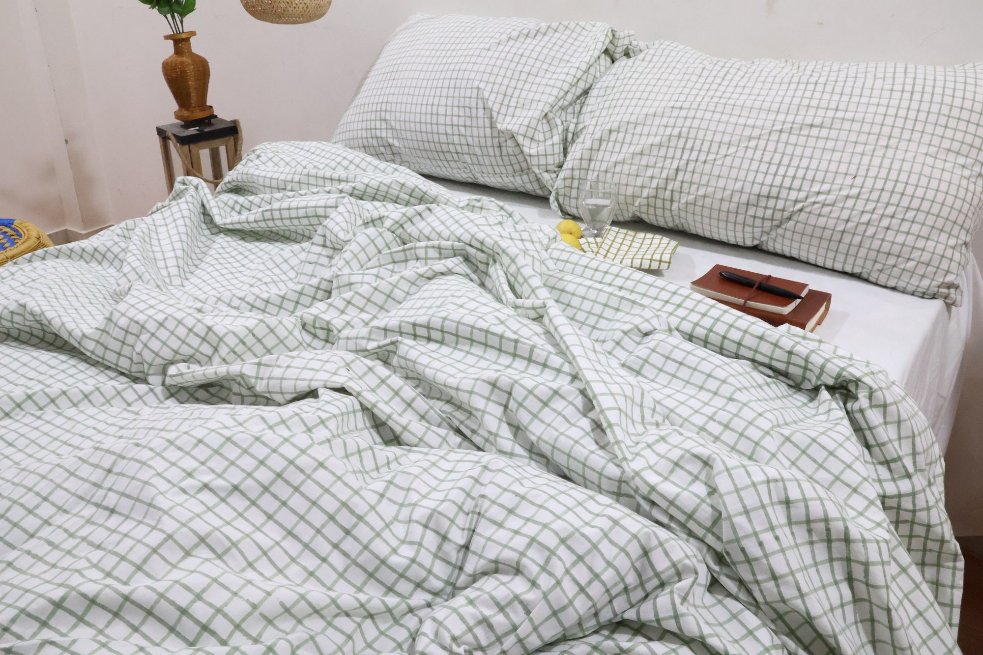 Sage Green Linen Gingham Bedding Plaid Duvet Cover King Queen - Etsy