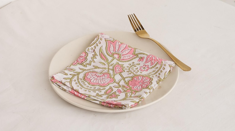100 Pcs Pink Green Printed Napkin 100% Cotton Napkins Hand Block ...