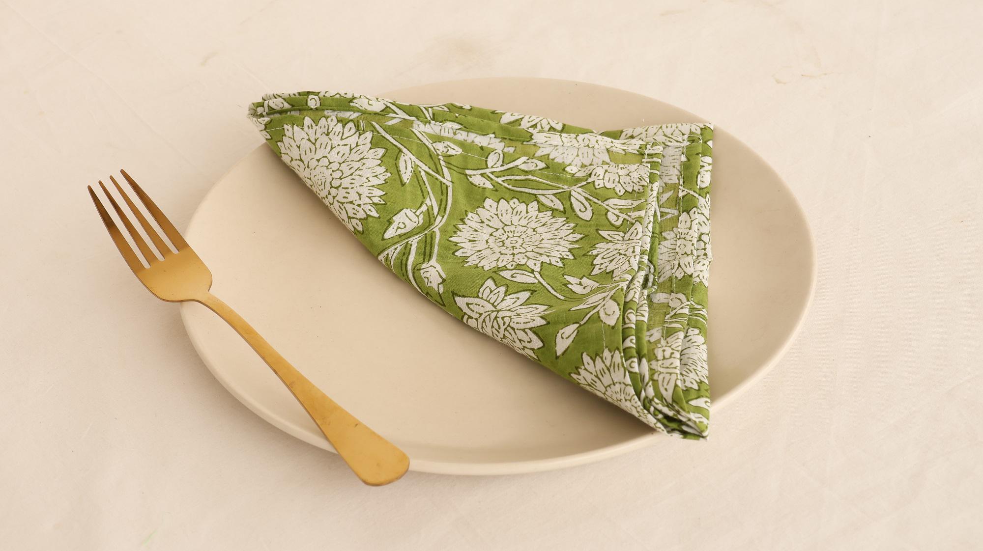 100 Pcs Moss Green Printed Napkin 100% Cotton Napkins Hand Block ...
