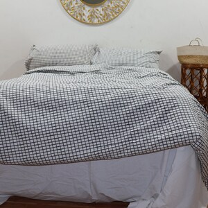 Check Linen Duvet Cover Grey/white Buttons Cozy Check Bedding Sets ...