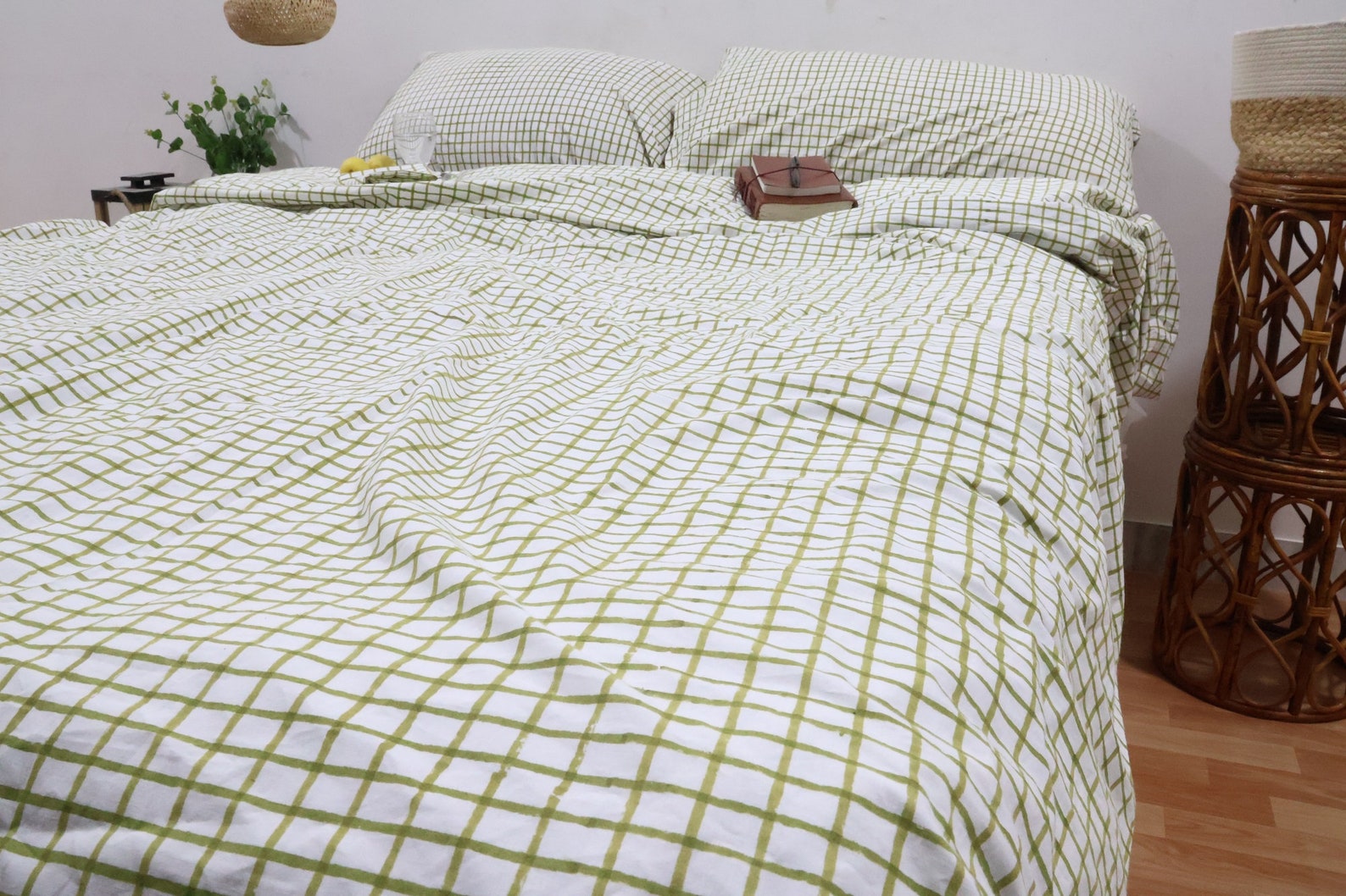 Moss Green Plaid Duvet Cover King Queen Full Check Duvet Covers Linen ...