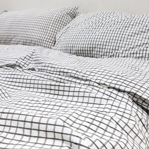 Check Linen Duvet Cover Grey/white Buttons Cozy Check Bedding Sets ...