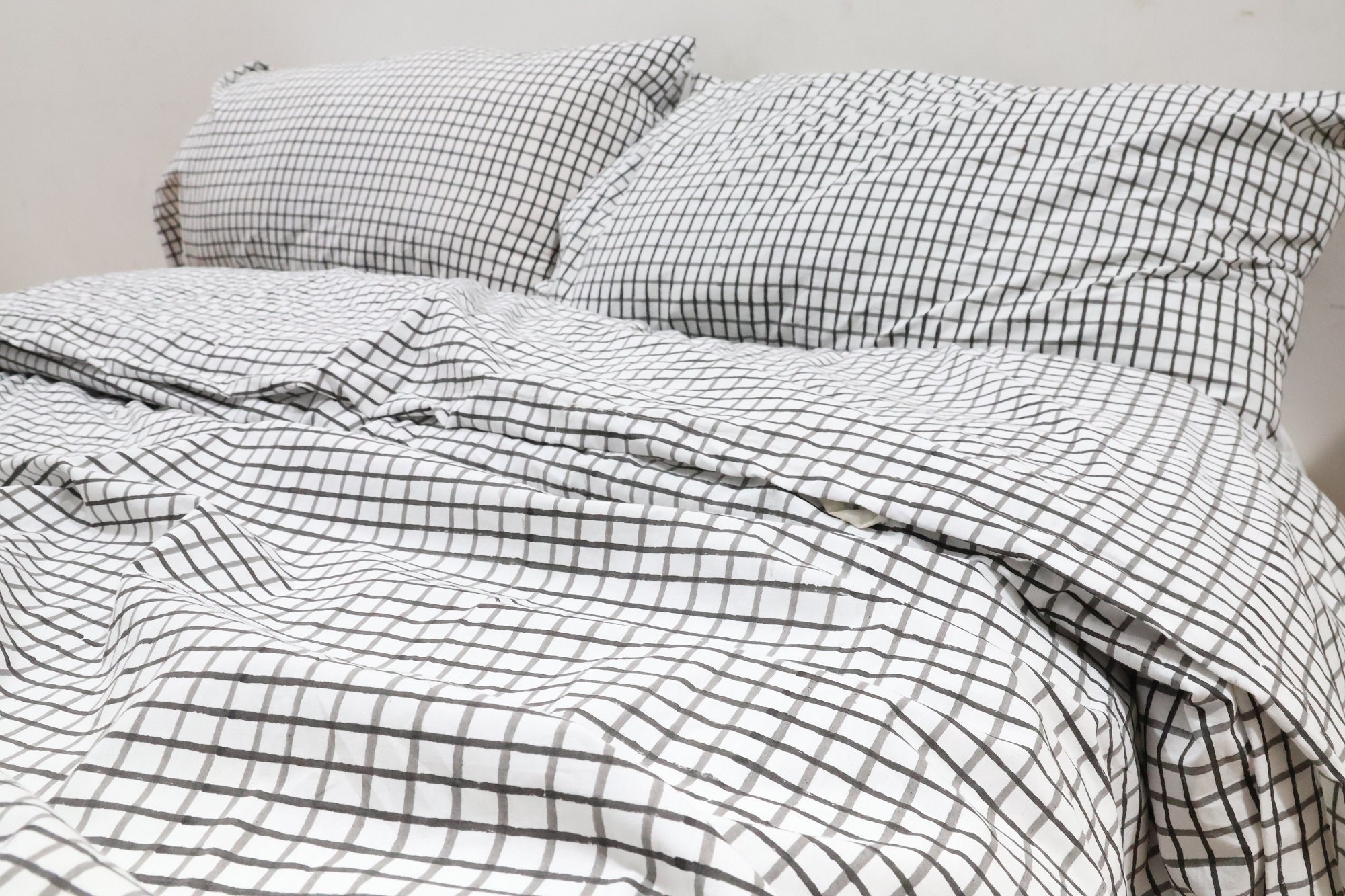 Check Linen Duvet Cover Grey/white Buttons Cozy Check Bedding Sets ...