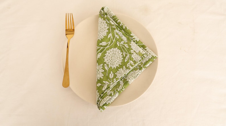 100 Pcs Moss Green Printed Napkin 100% Cotton Napkins Hand Block ...
