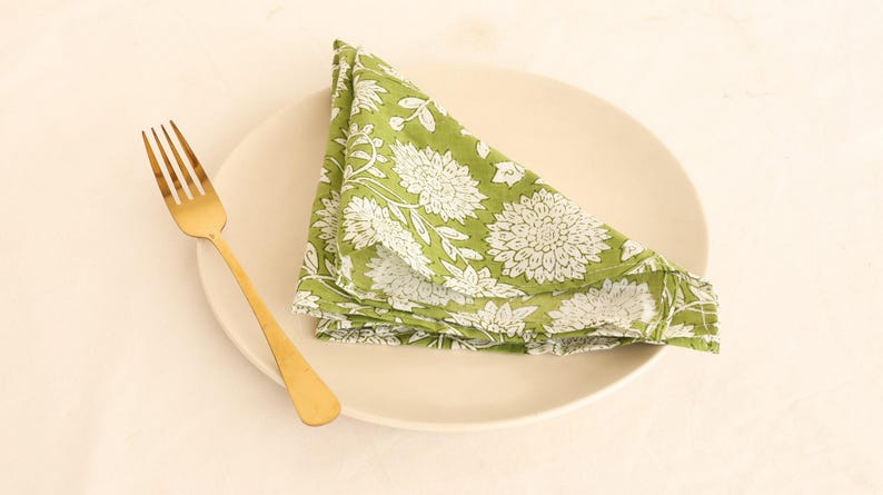 100 Pcs Moss Green Printed Napkin 100% Cotton Napkins Hand Block ...