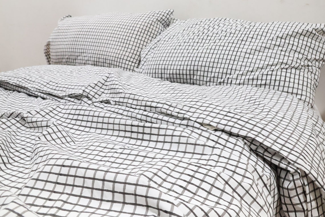 Check Linen Duvet Cover Grey/white Buttons Cozy Check Bedding Sets ...