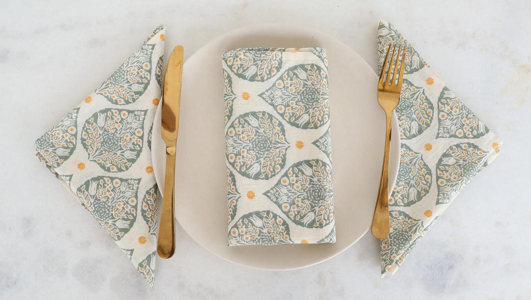 100 Pcs Sage Green Printed Napkin 100% Cotton Napkins Hand Block ...