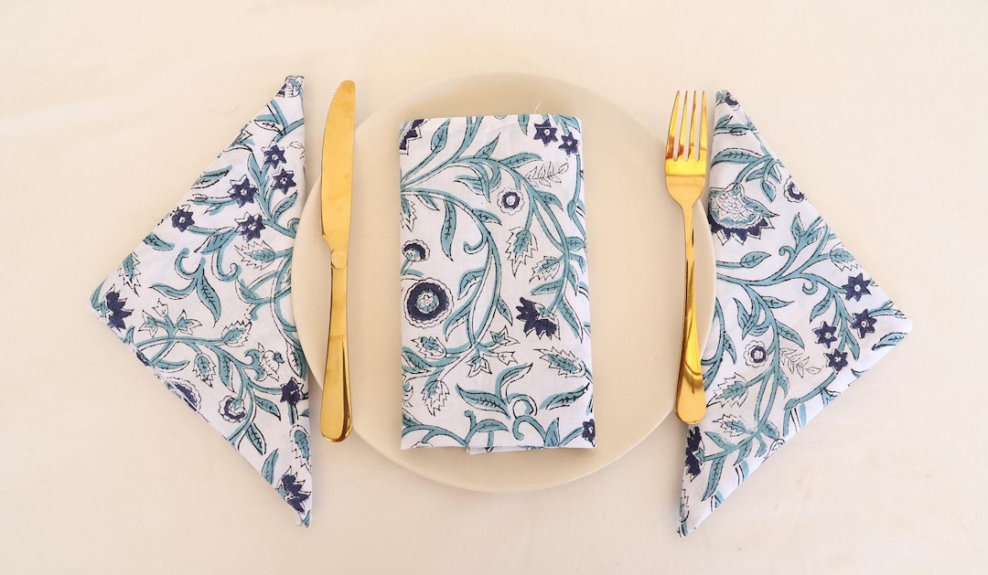 100pcs Blue Flower Printed Napkin 100% Cotton Napkins Hand Block ...