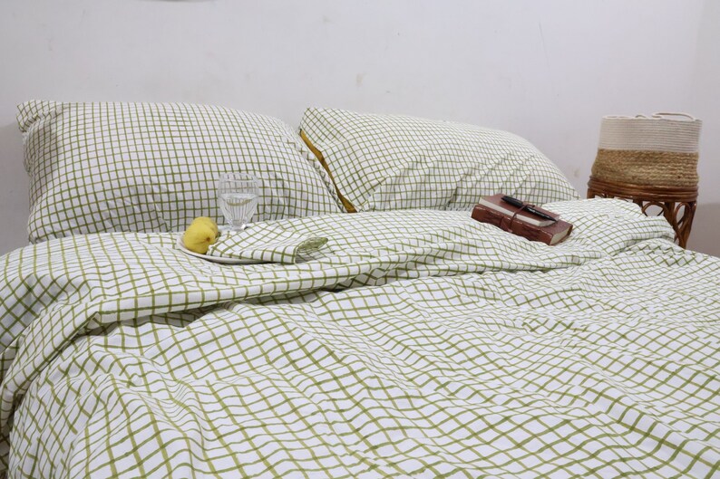 Moss Green Plaid Duvet Cover King Queen Full Check Duvet Covers Linen ...