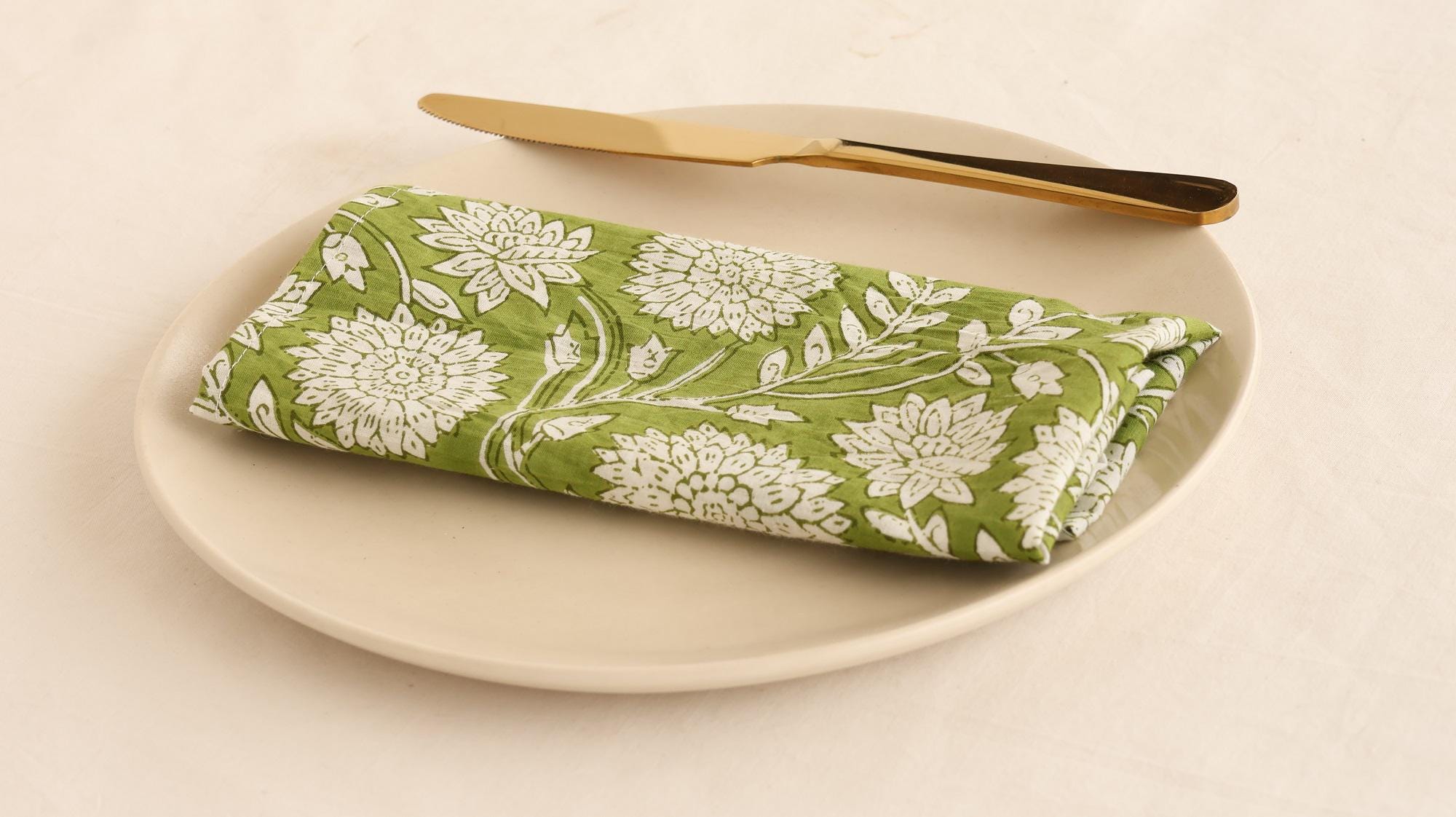 100 Pcs Moss Green Printed Napkin 100% Cotton Napkins Hand Block ...