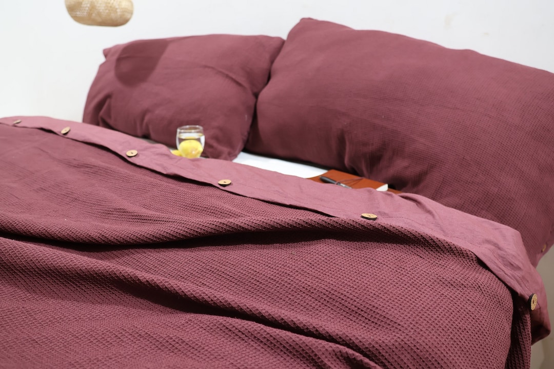 3 Color Plum Linen Duvet Covers Waffle Bedding Set Minimalist Waffle ...