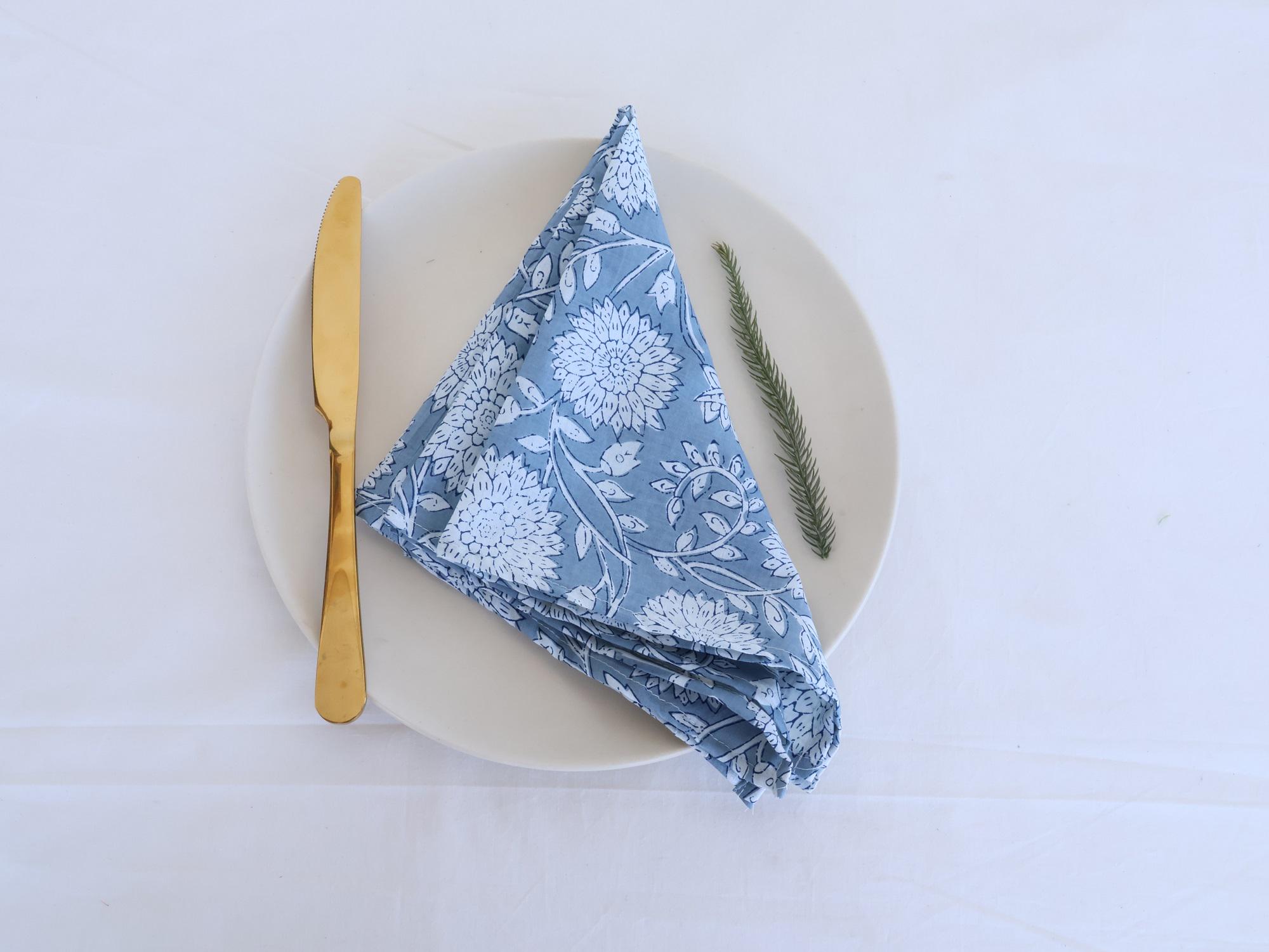100 Pcs Dusty Blue Printed Napkin 100% Cotton Napkins Hand Block ...