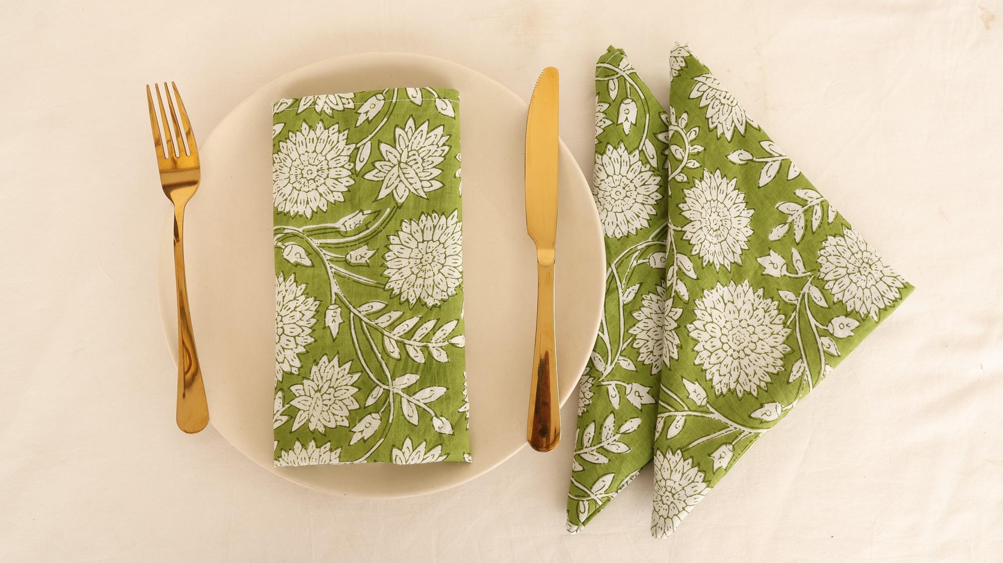 100 Pcs Moss Green Printed Napkin 100% Cotton Napkins Hand Block ...