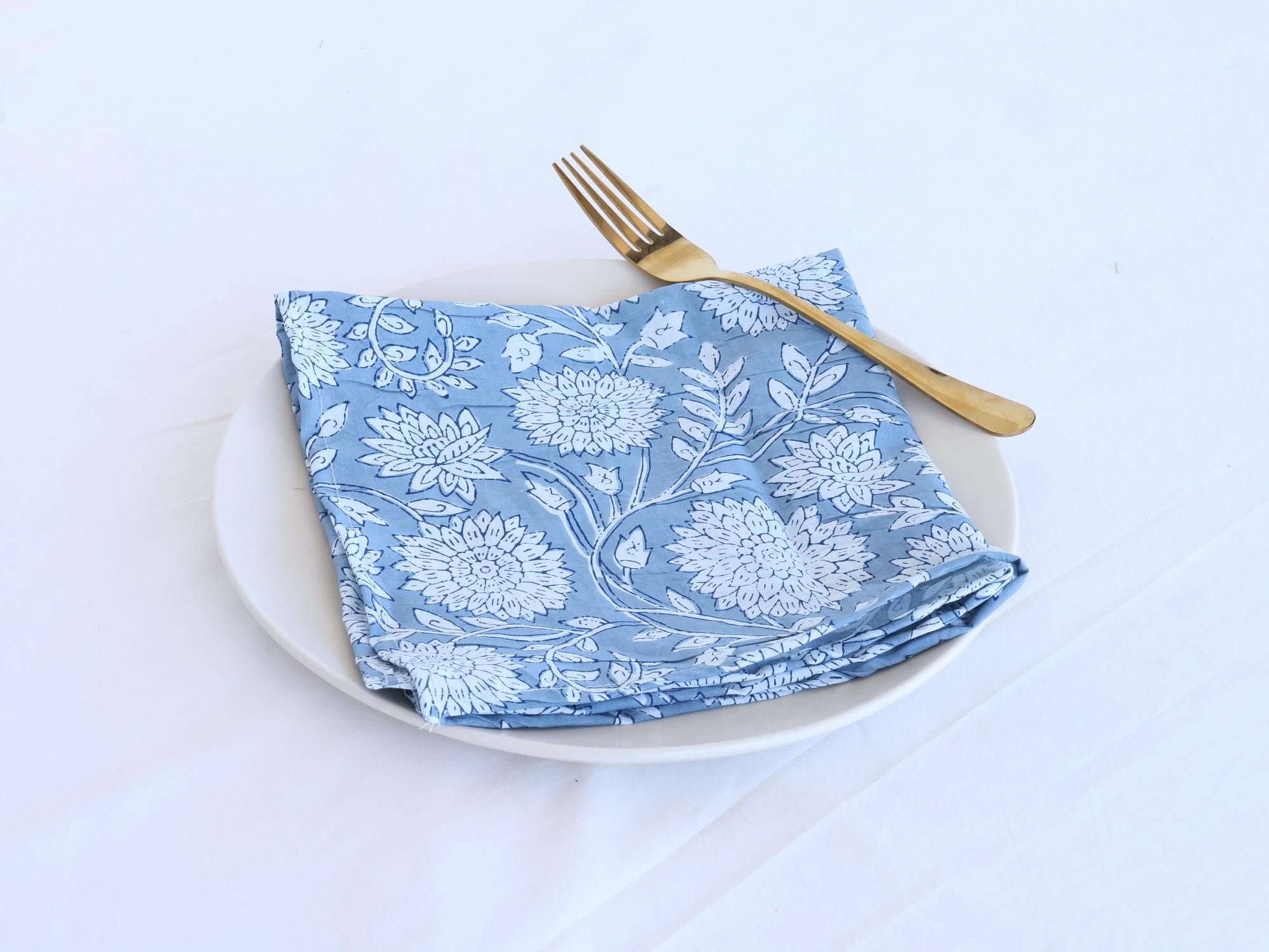100 Pcs Dusty Blue Printed Napkin 100% Cotton Napkins Hand Block ...