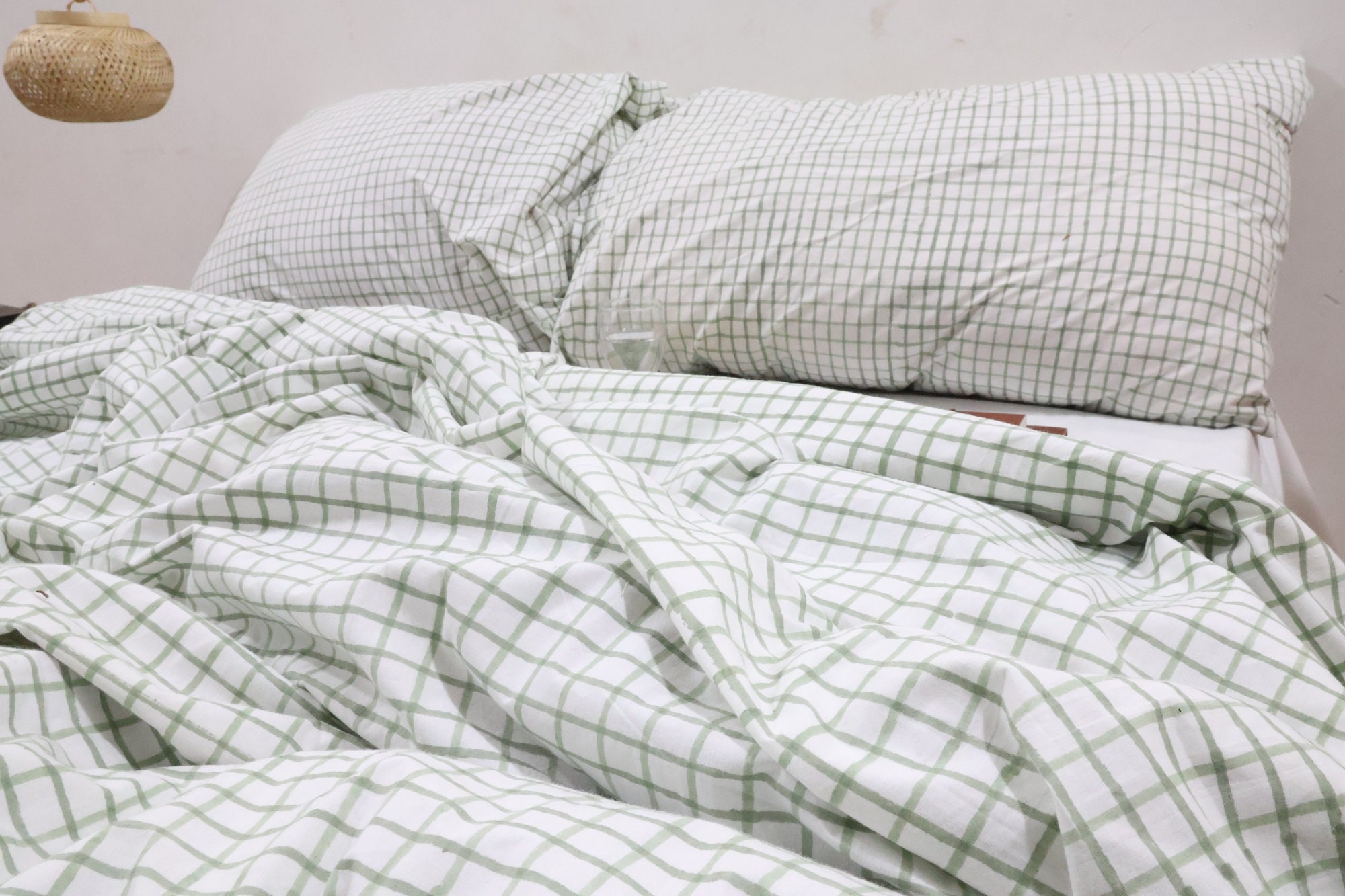 Sage Green Linen Gingham Bedding Plaid Duvet Cover King Queen Full ...