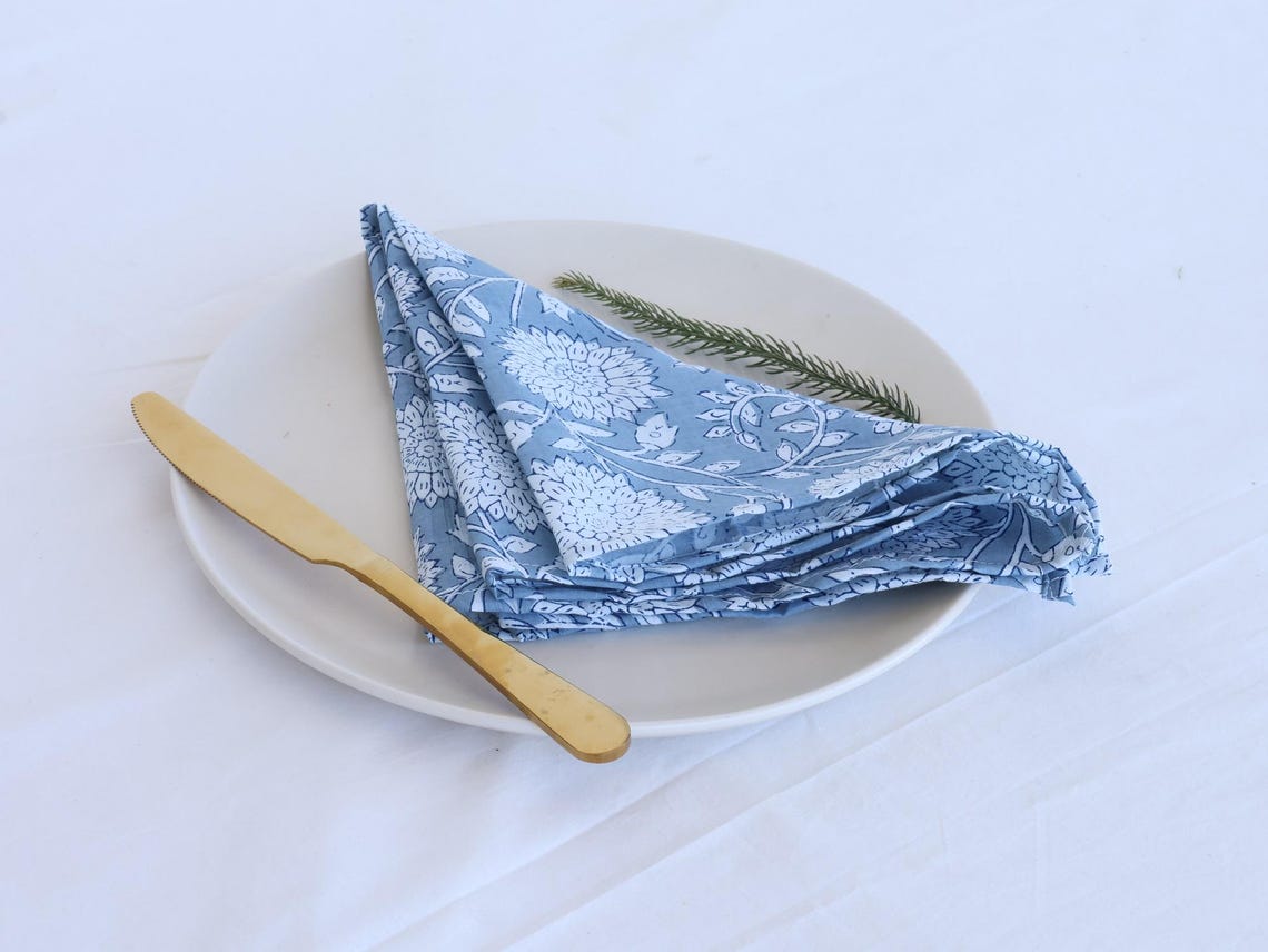 100 Pcs Dusty Blue Printed Napkin 100% Cotton Napkins Hand Block ...