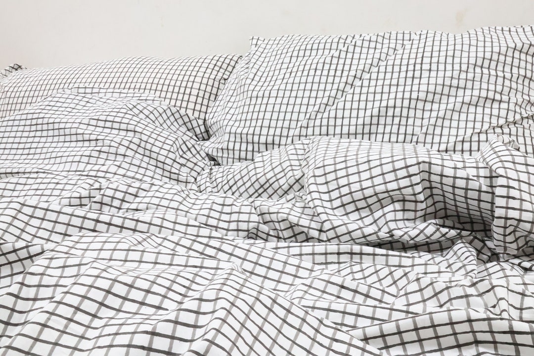 Check Linen Duvet Cover Grey/white Buttons Cozy Check Bedding Sets ...