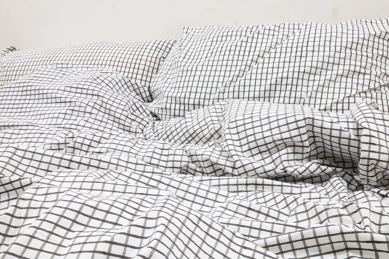 Check Linen Duvet Cover Grey/white Buttons Cozy Check Bedding Sets ...