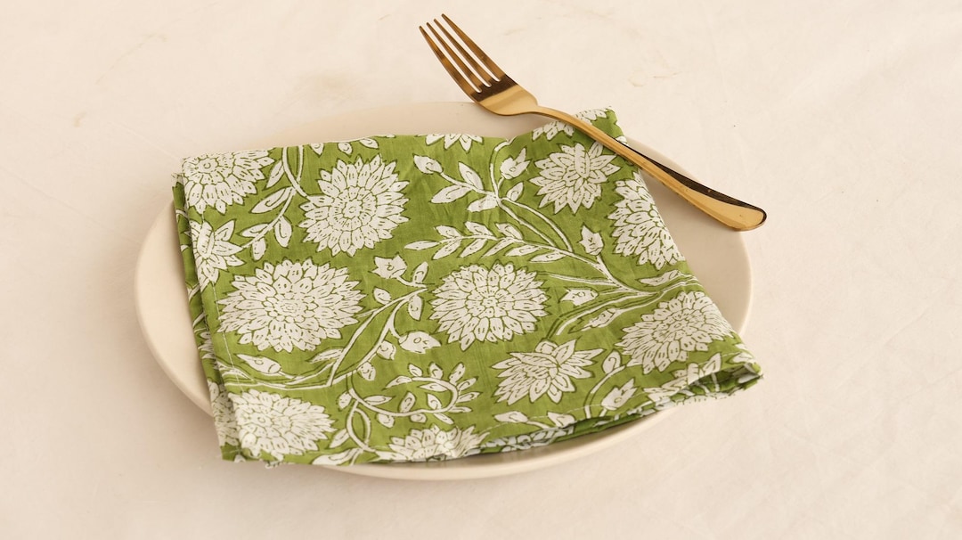 100 Pcs Moss Green Printed Napkin 100% Cotton Napkins Hand Block ...