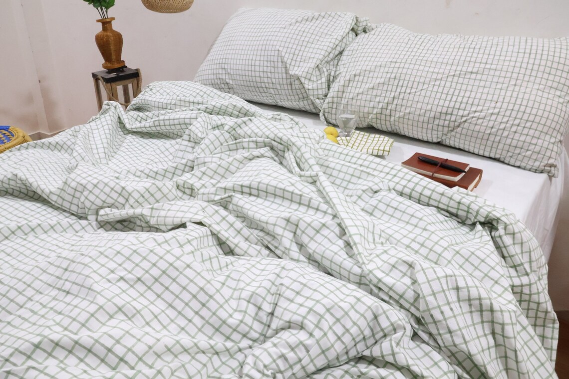 Sage Green Linen Gingham Bedding Plaid Duvet Cover King Queen - Etsy