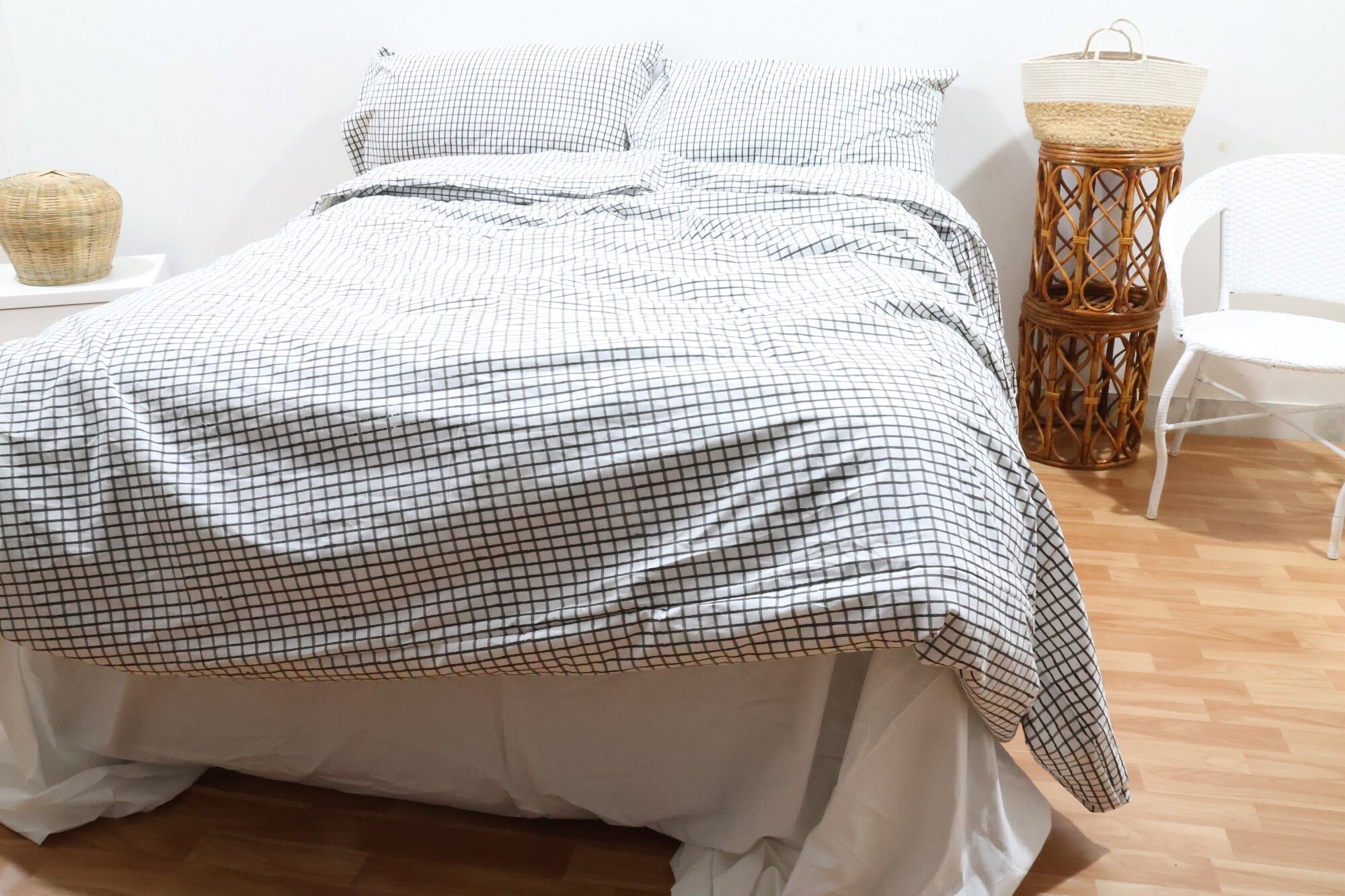 Check Linen Duvet Cover Grey/white Buttons Cozy Check Bedding Sets ...