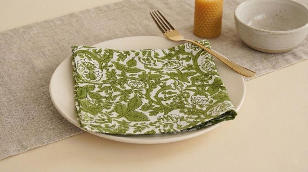 100 Pcs Moss Green Printed Napkin 100% Cotton Napkins Hand Block ...