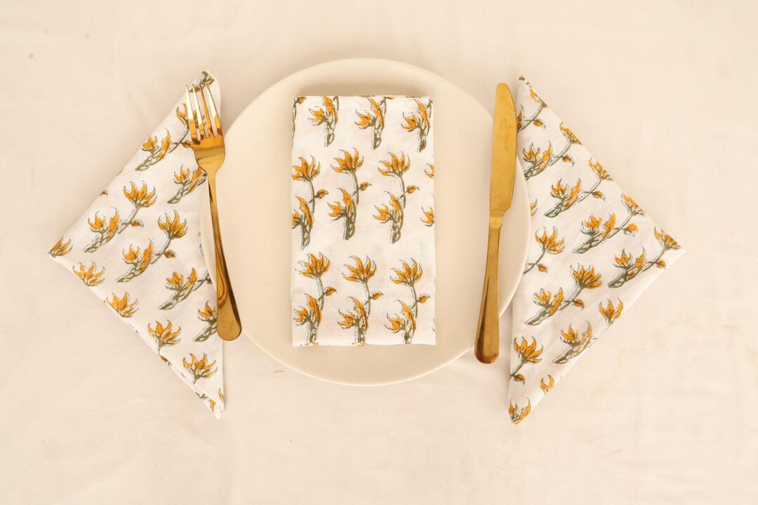 100 Pcs Moss Green Printed Napkin 100% Cotton Napkins Hand Block ...