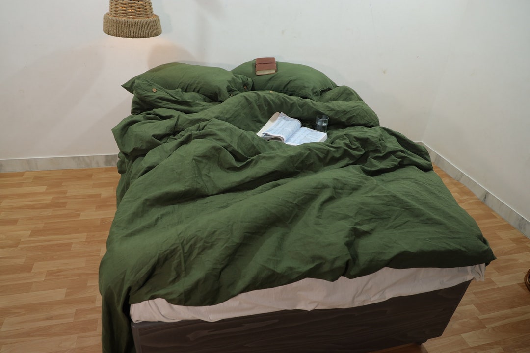 Moss Green Color Duvet Cover 3piece Linen Bedding Set King Full Queen ...