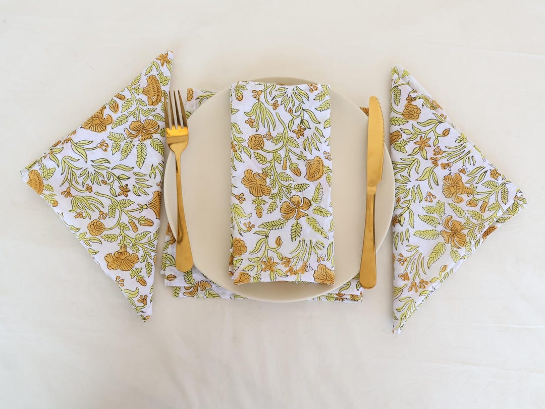 100 Pcs Yelllow Green Hand Block Printed Napkin Cotton Napkins Eco ...