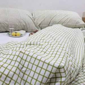 Moss Green Plaid Duvet Cover King Queen Full Check Duvet Covers Linen ...