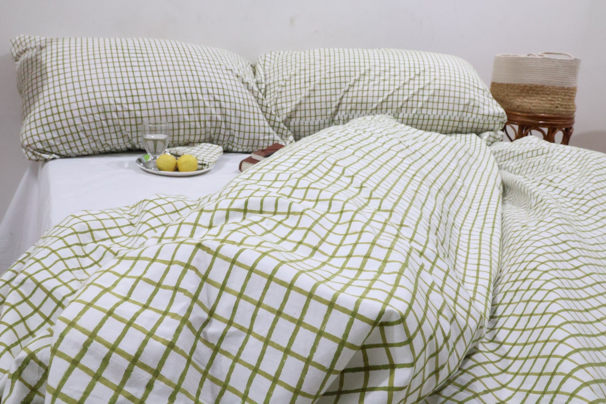 Moss Green Plaid Duvet Cover King Queen Full Check Duvet Covers Linen ...