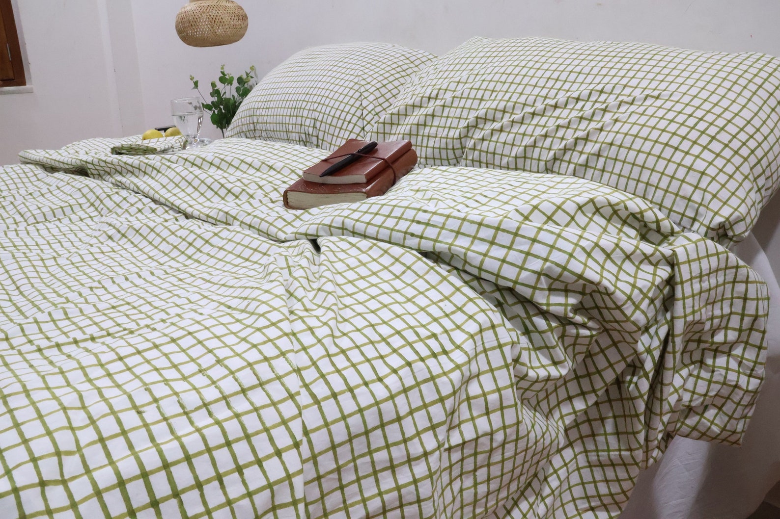 Moss Green Plaid Duvet Cover King Queen Full Check Duvet Covers Linen ...