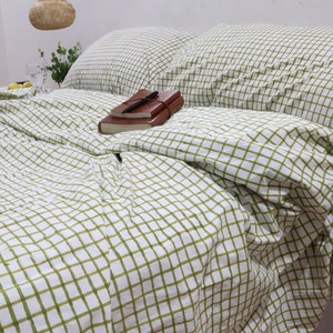 Moss Green Plaid Duvet Cover King Queen Full Check Duvet Covers Linen ...